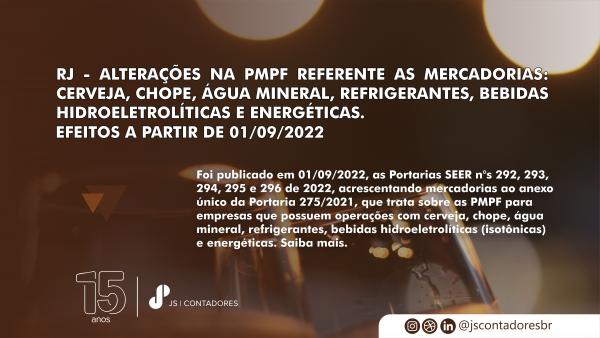 RJ – ALTERAÇÕES NA PMPF REFERENTE AS MERCADORIAS: CERVEJA, CHOPE, ÁGUA ...